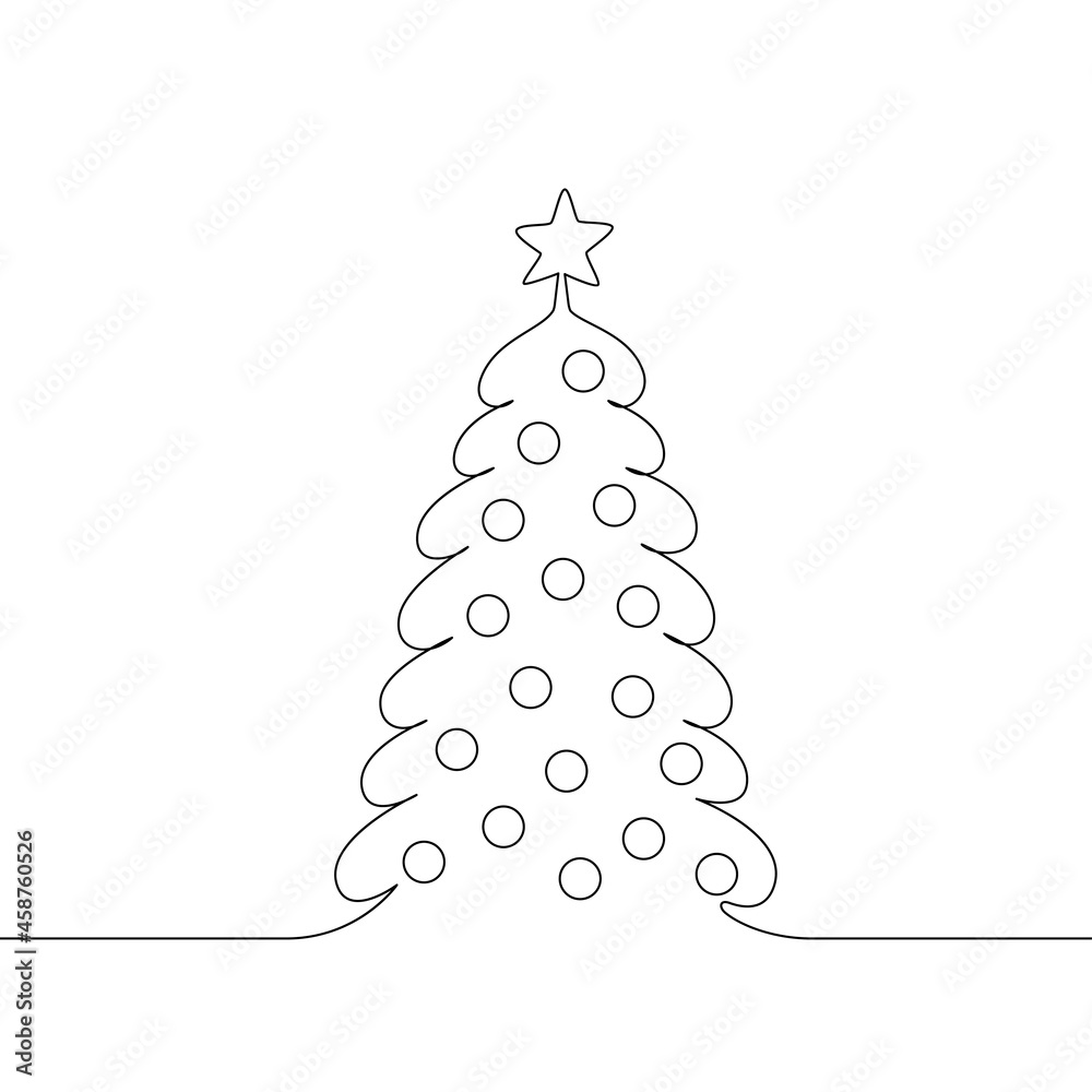 Christmas tree drawing vector, continuous single one line art style ...
