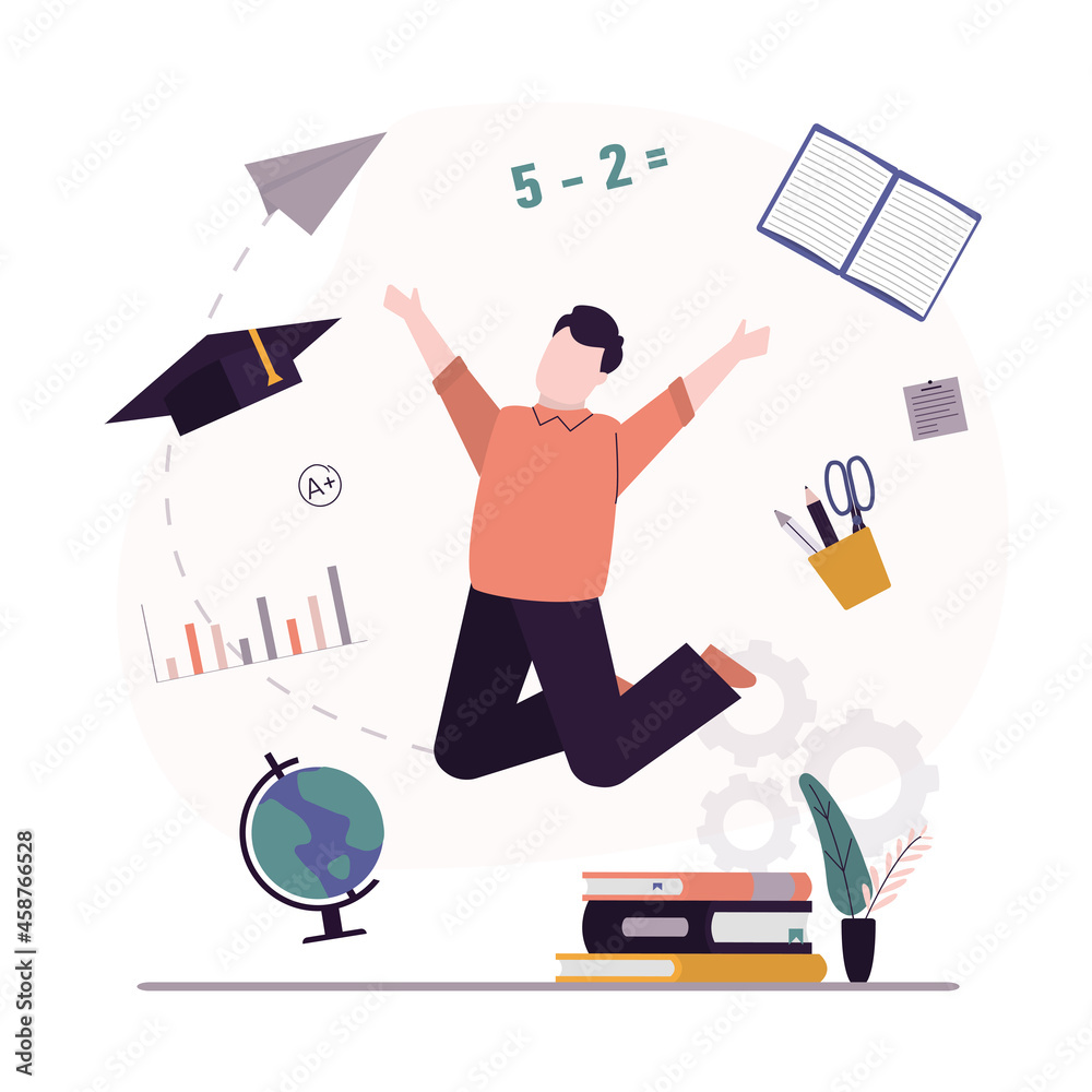 Back to school. Happy prepscholar kid jumping. Cartoon pupils jump ...