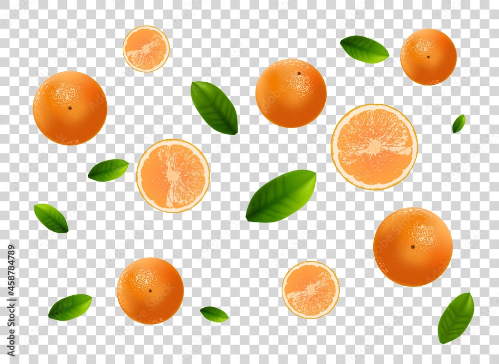 Layout with falling oranges. Juicy citrus fruits with leaves. Design ...