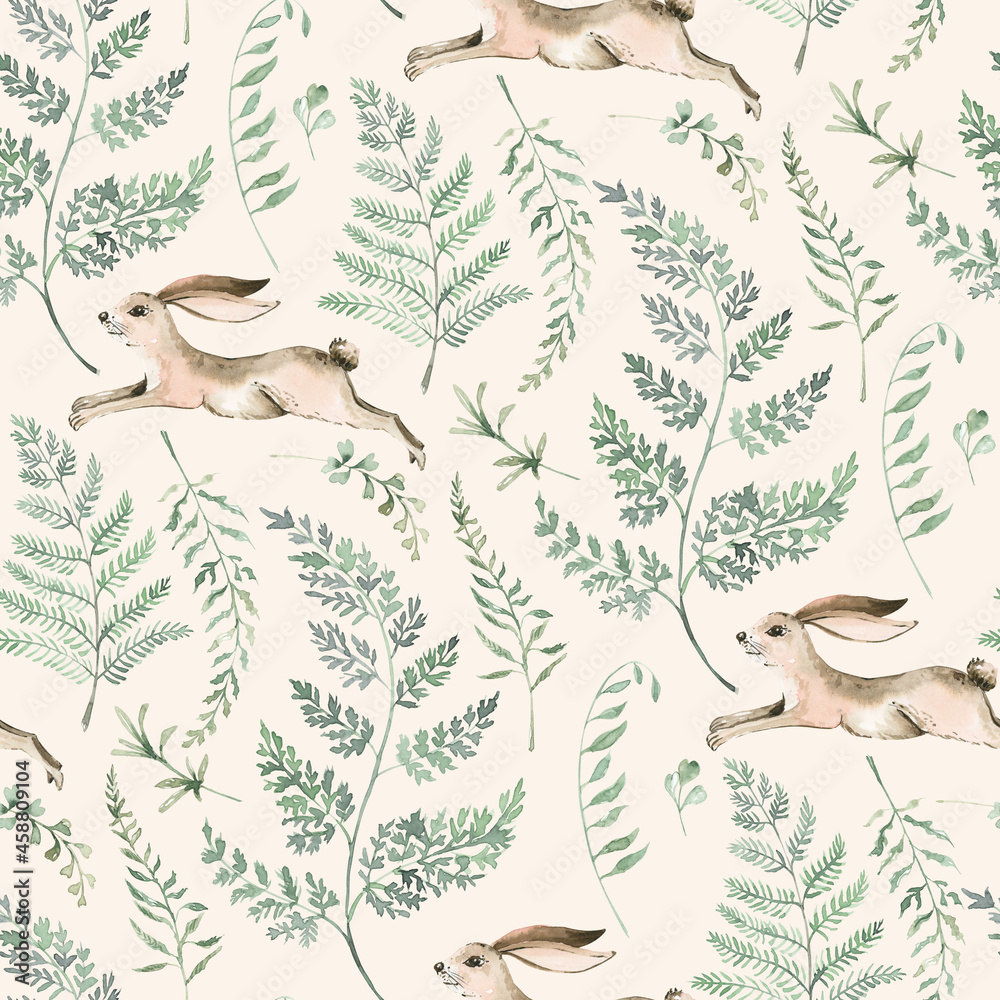 Woodland seamless pattern for fabric, Watercolor forest animals ...