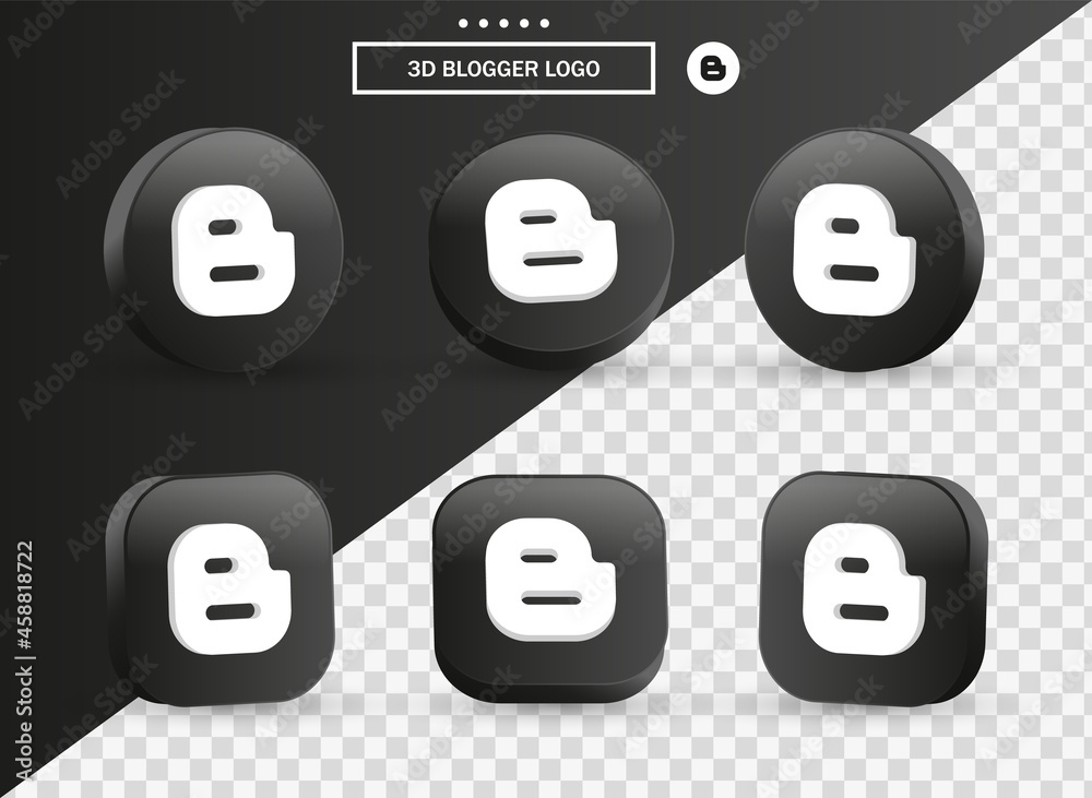 3d blogger logo in modern black circle, square for popular social media ...