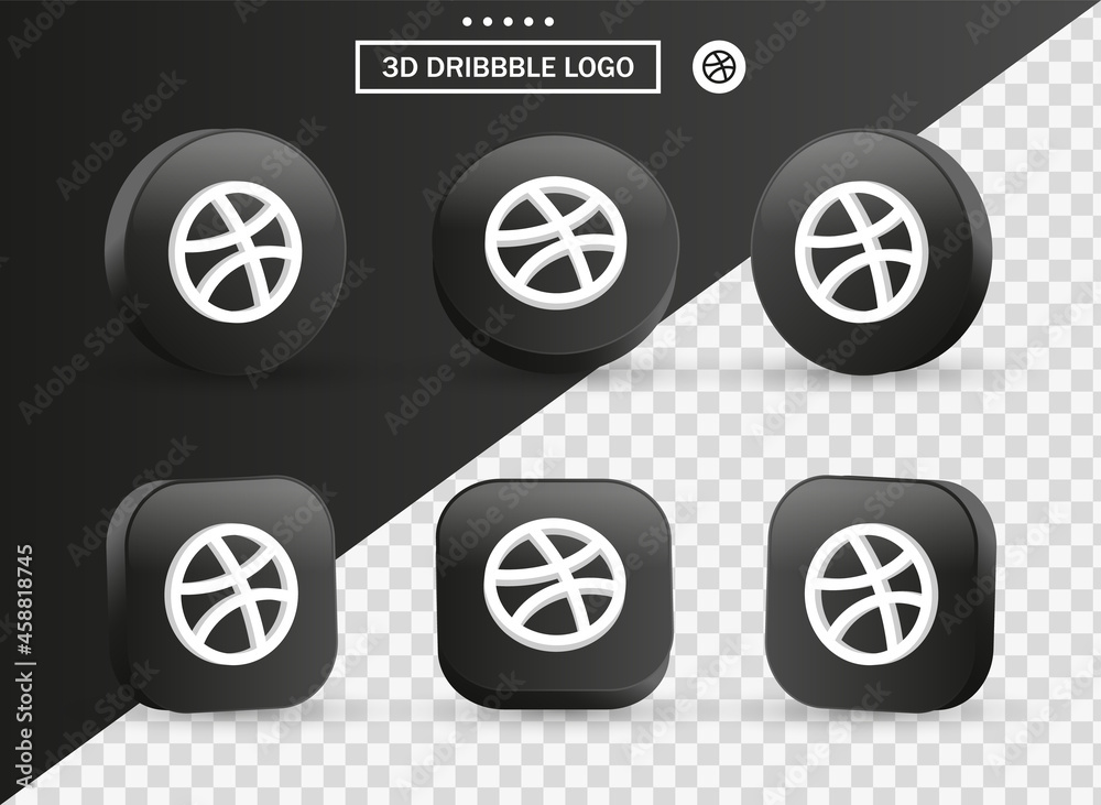 3d dribbble logo in modern black circle, square for popular social ...