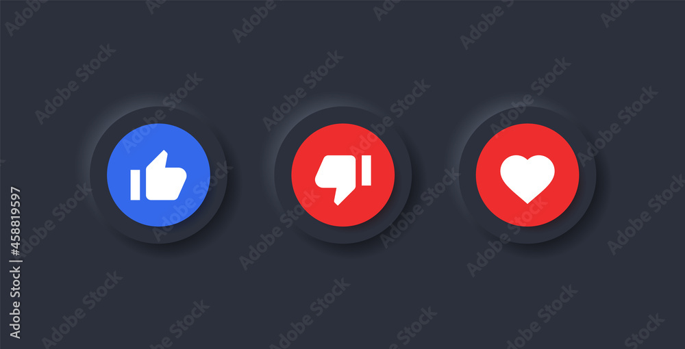 Like dislike love icons in neumorphic button or thumb up down with ...