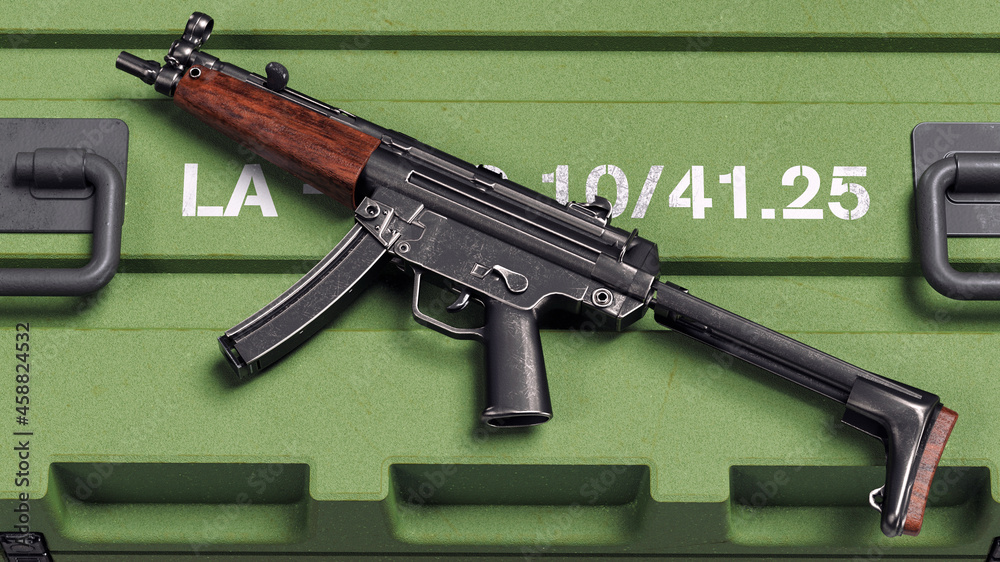 3d render of a submachine gun on an ammunition crate Stock Illustration ...