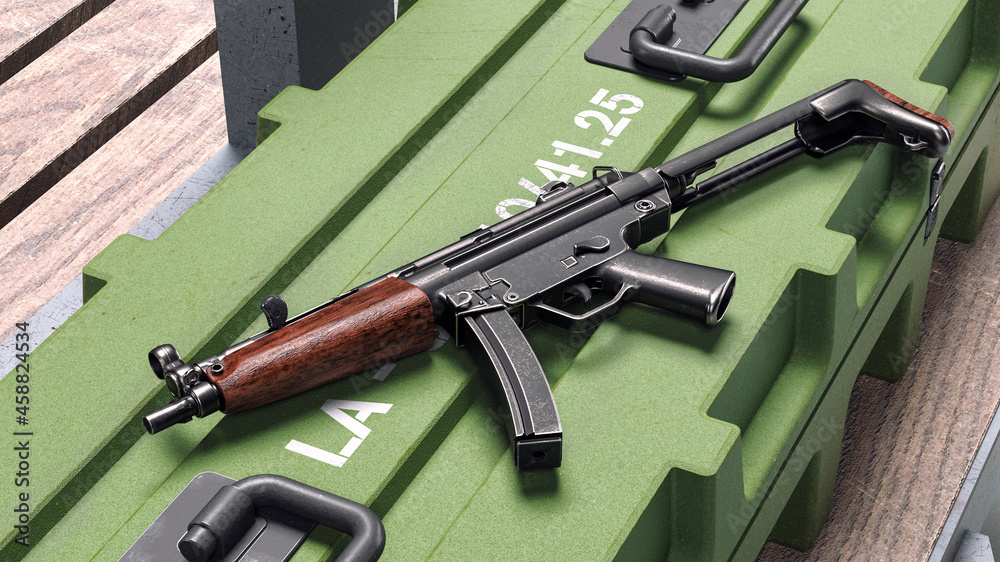 3d render of a submachine gun on an ammunition crate Stock Illustration ...