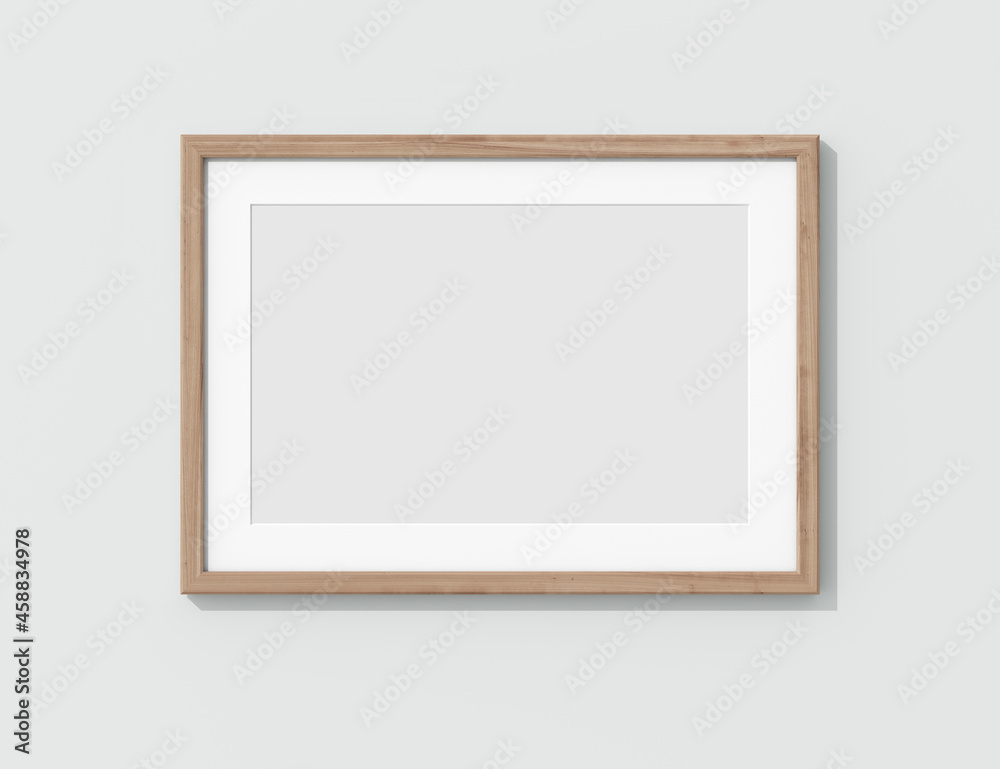 Wooden frame on white wall. 3D render wooden frame mock up. Empty interior. 3D illustrations. 3D ...
