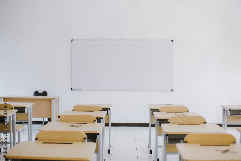 Empty modern classroom with chairs, desks and whiteboard Stock Photo ...