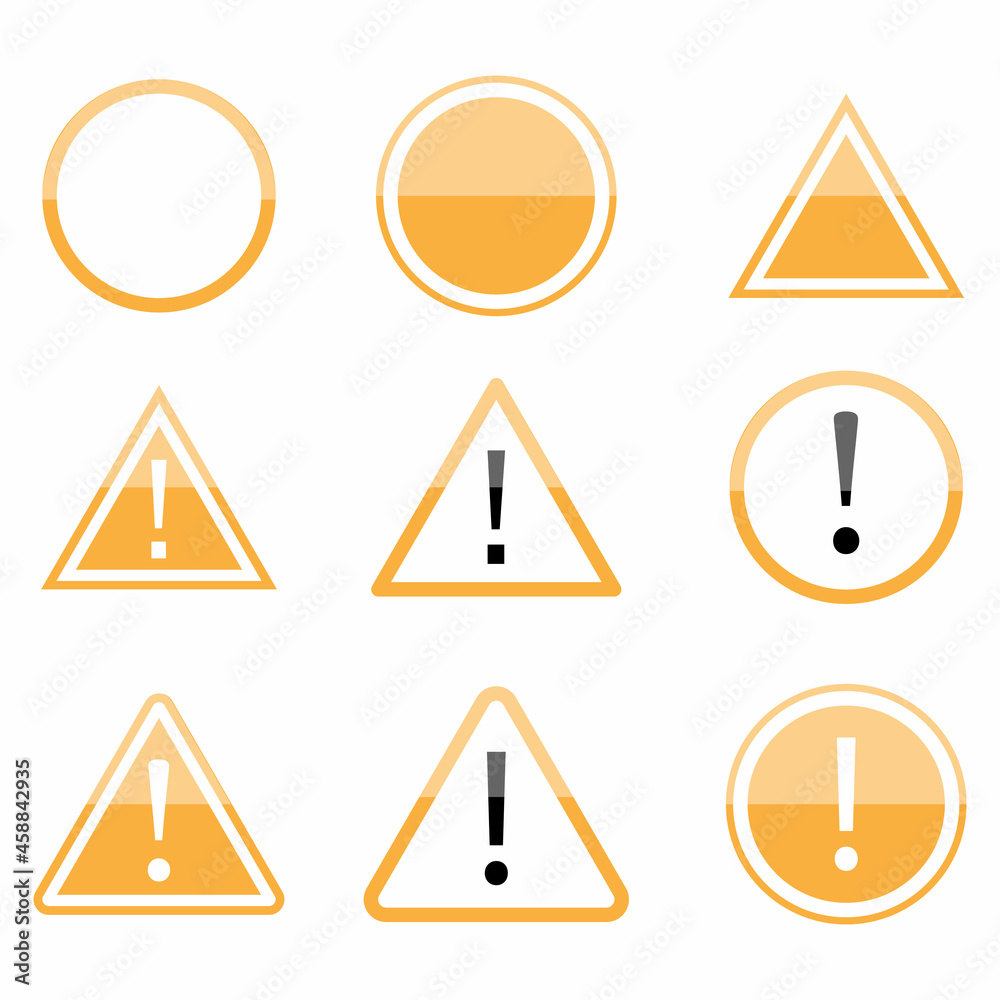 Yellow warning signs blank. Golden danger icon set. Triangle and circle ...