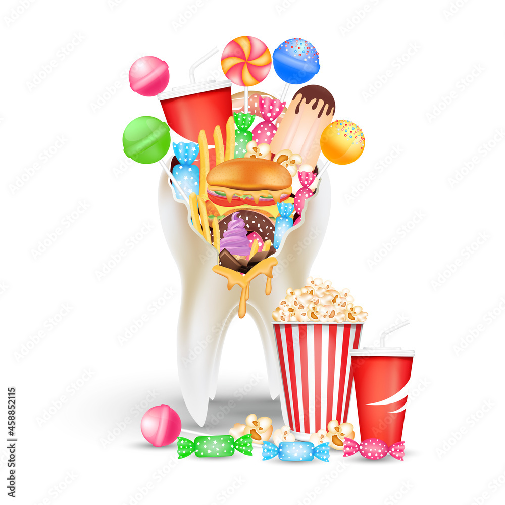 Foods harm healthy teeth. Candy, Eating a lot of sugar is dangerous to ...