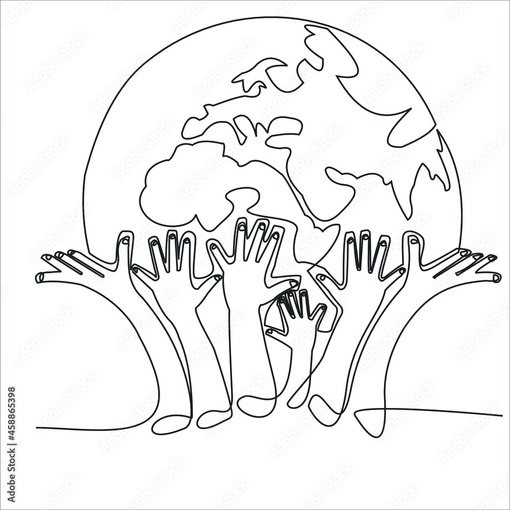 Continuous line drawing of hands holding Earth globe. Vector ...
