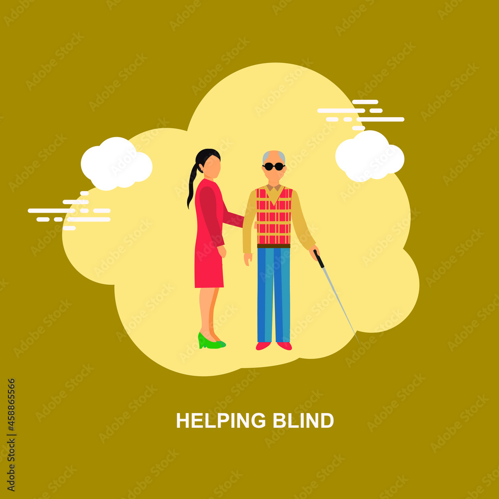 Helping blind man by a women holding hands and crossing the road flat ...