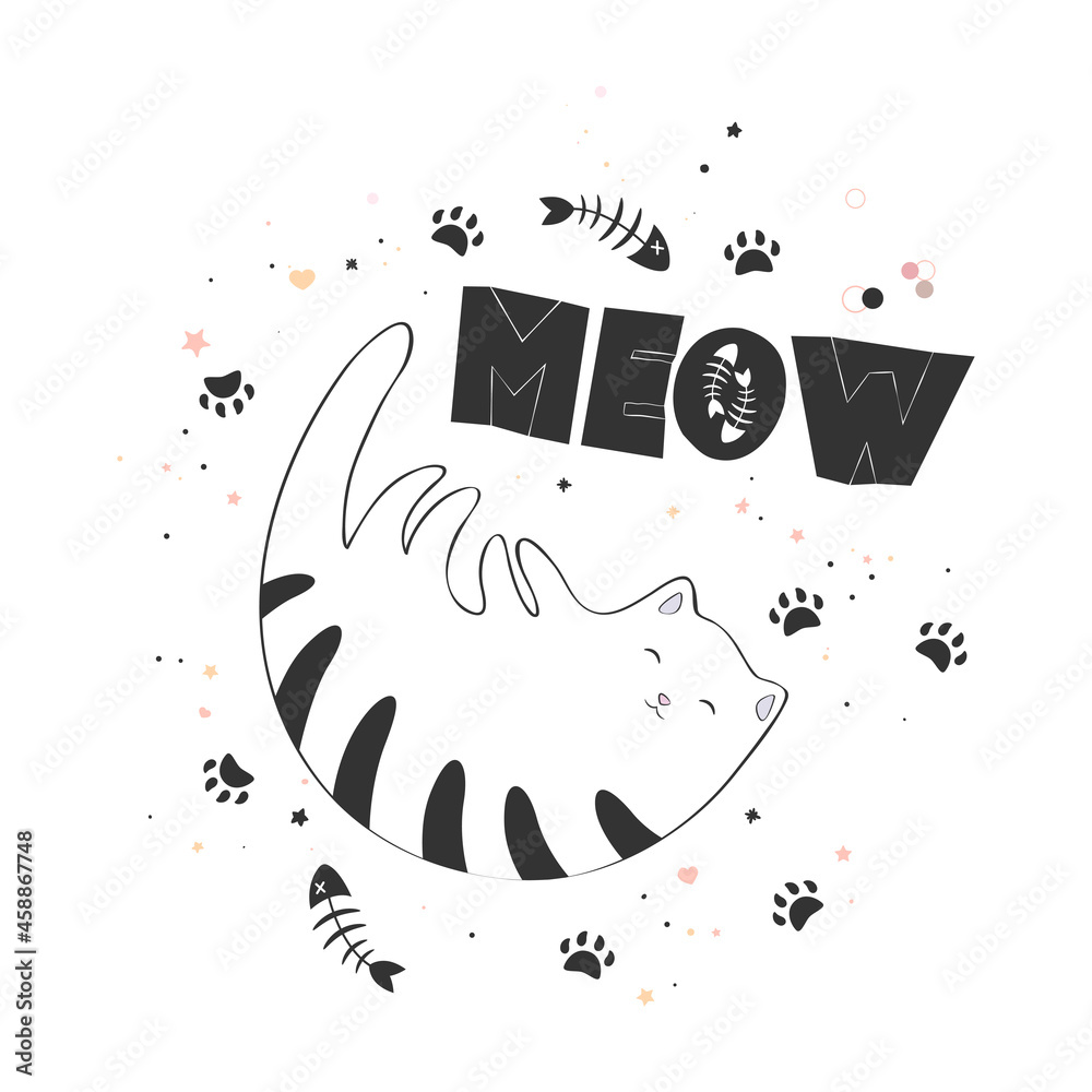 Vector illustration with cute line art cat and hand drawn lettering ...