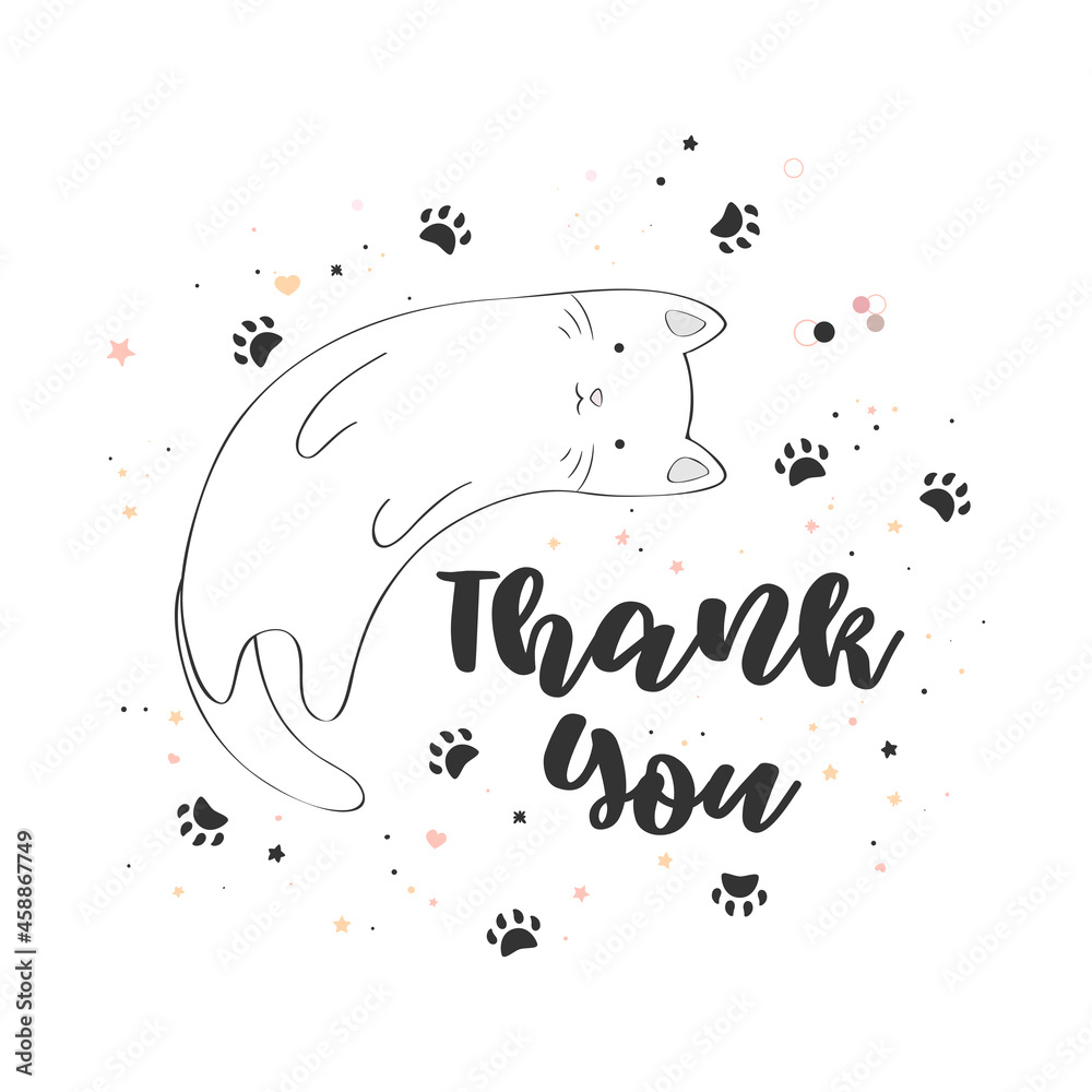 Vector illustration with cute line art cat and hand drawn lettering ...