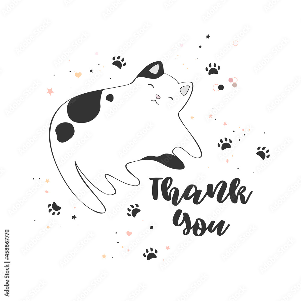 Vector illustration with cute line art cat and hand drawn lettering ...