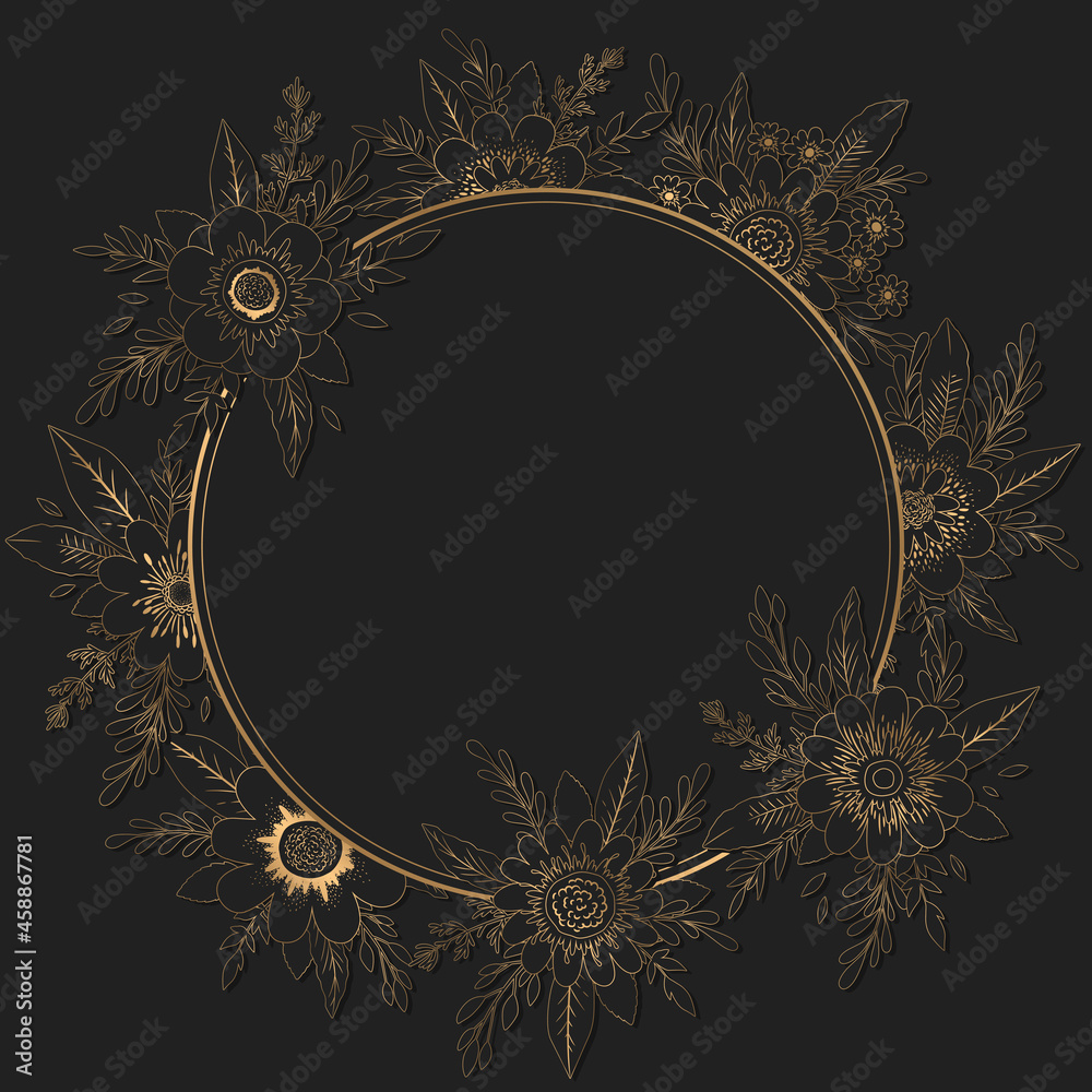 Vector illustration with round frame from hand drawn gold flowers ...