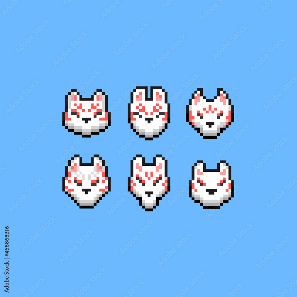 Pixel art set of japanese fox mask icon. Stock Vector | Adobe Stock