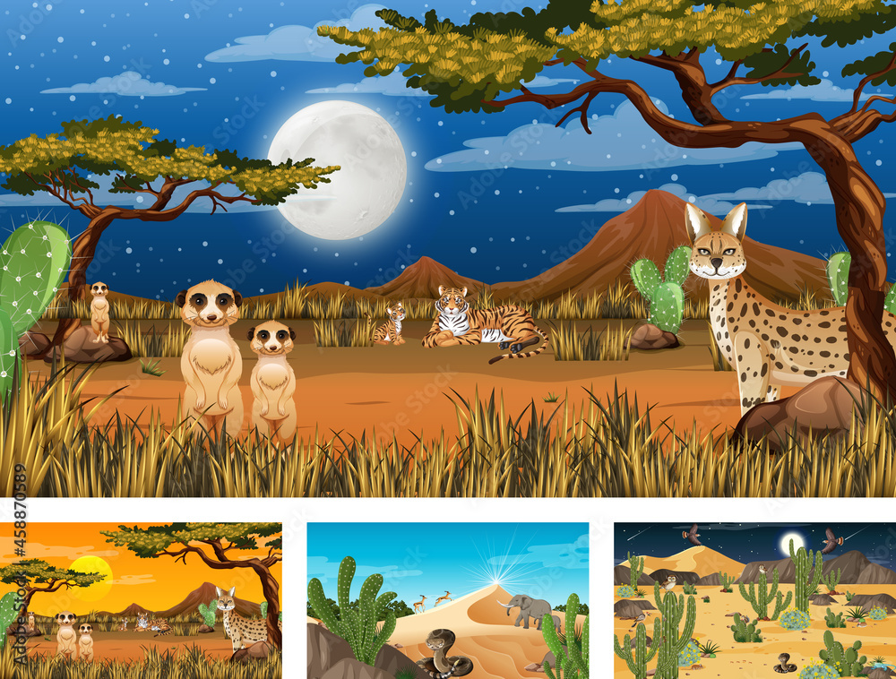 Different scenes with desert forest landscape with animals and plants ...