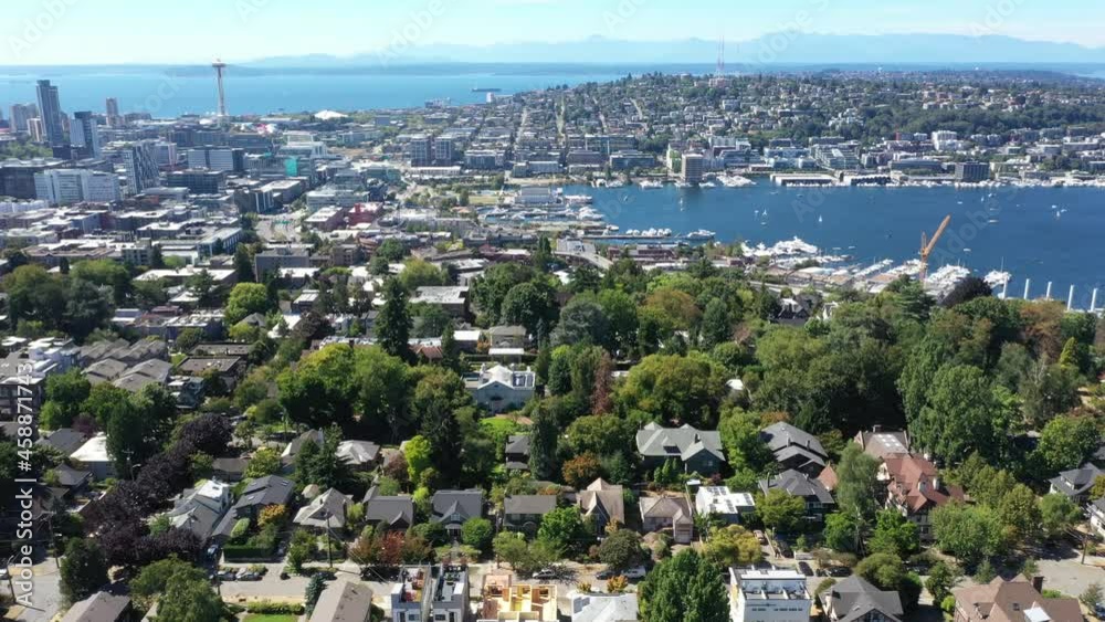 Cinematic 4K bird's-eye drone shot of downtown Seattle, Uptown ...