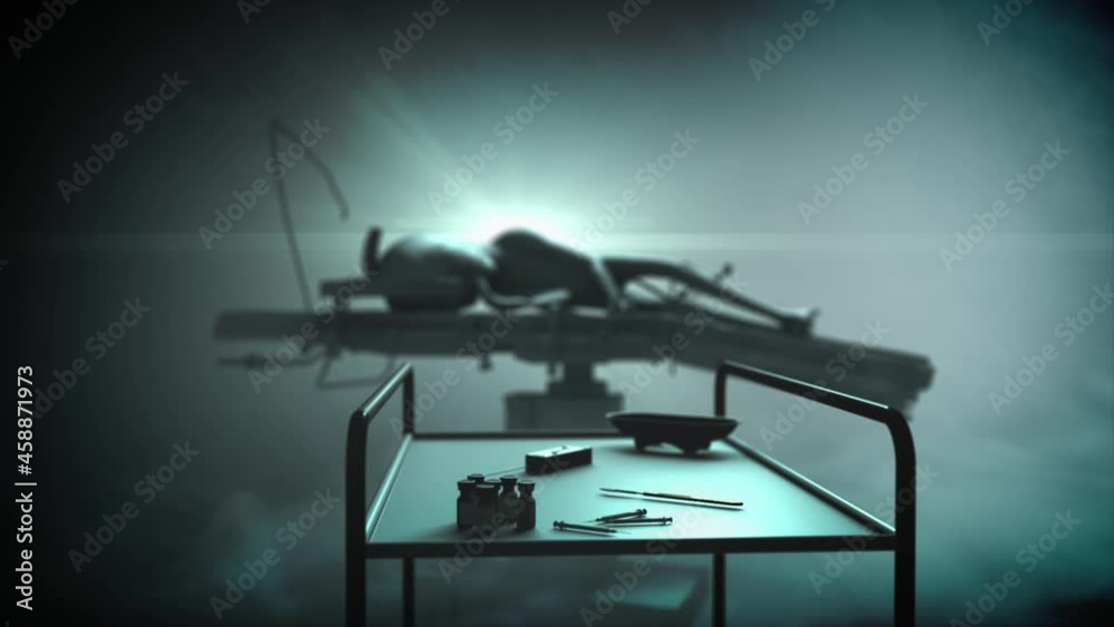 3D CGI VFX scene of an alien autopsy in atmopheric smokey dark ...