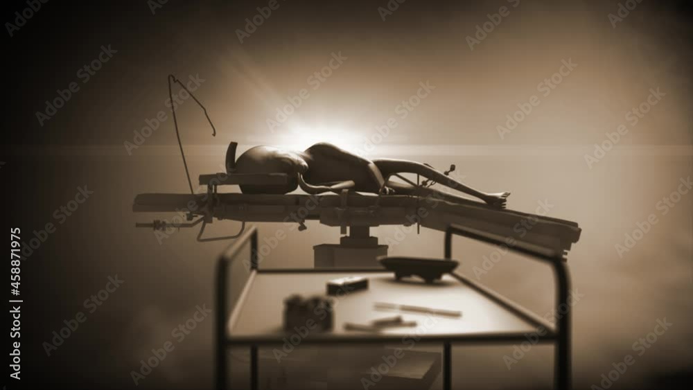 CGI scene of an alien autopsy in atmopheric smokey sepia environment ...