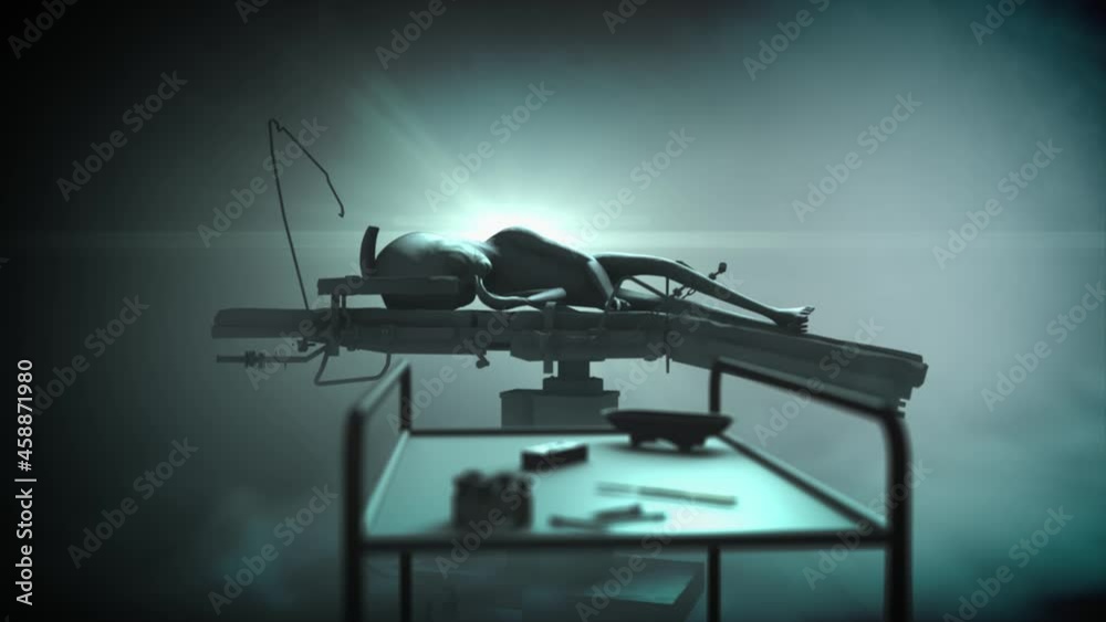 CGI scene of an alien autopsy in atmopheric smokey dark environment ...