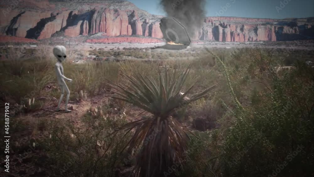 VFX shot of a classic Roswell style flying saucer crashed in flames in ...