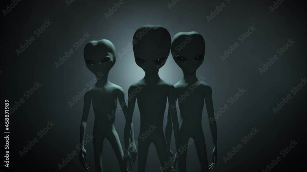 3D CGI VFX mid-shot of three classic Roswell style grey aliens on a ...