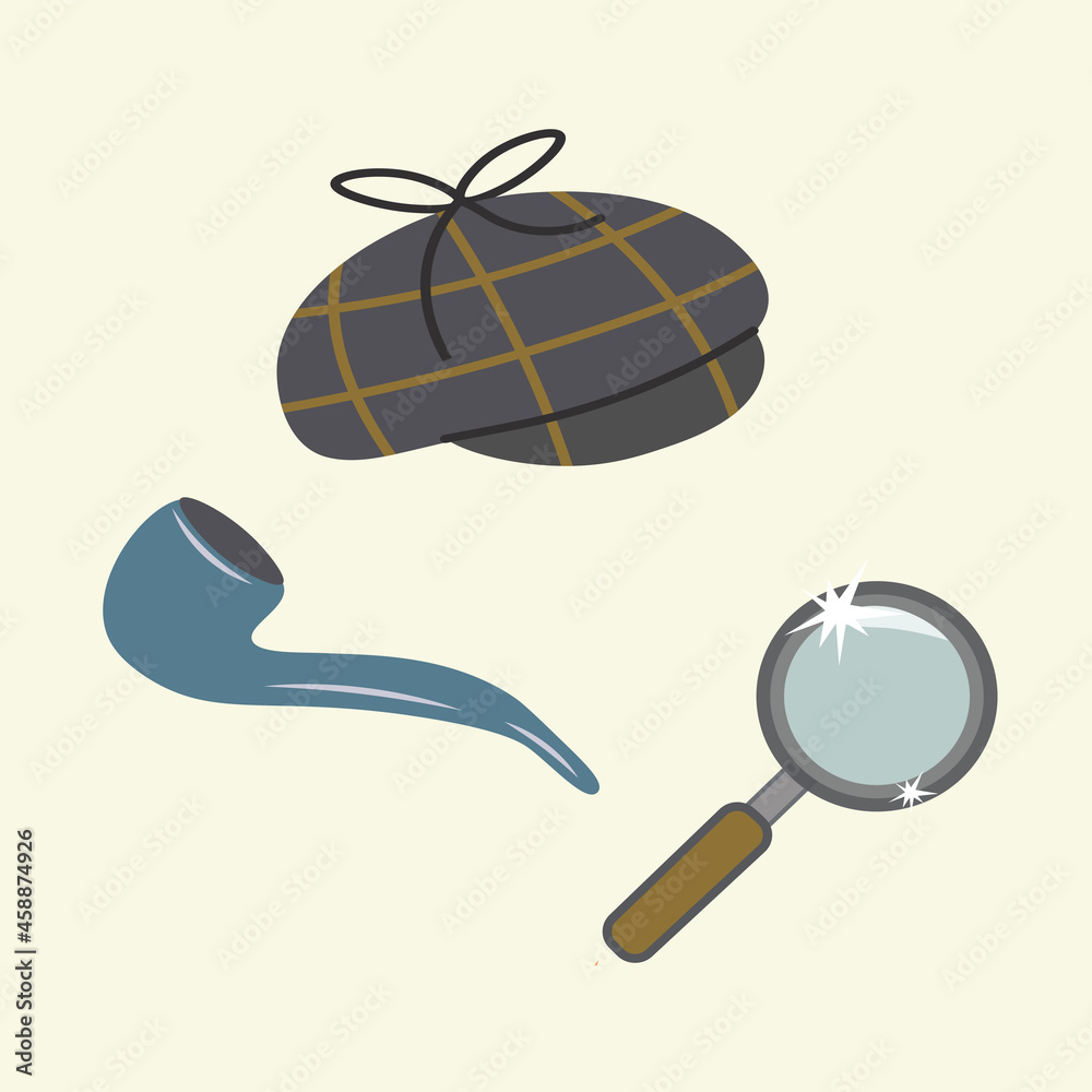 Detective set. Cap, magnifying glass and smoking pipe of the detective ...