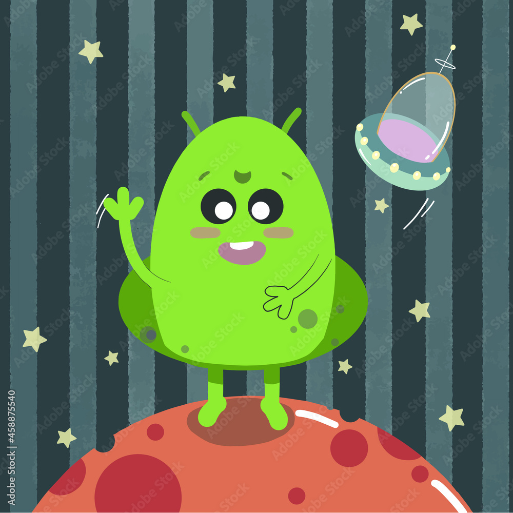 Cute space alien, happy friendly monster with ufo. Kawaii style Martian ...