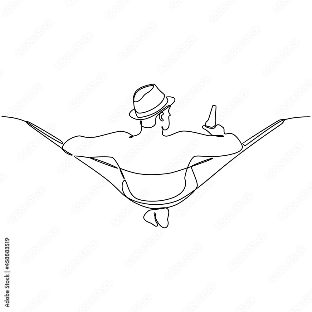 continuous line drawing of relaxed young man lying in a hammock ...