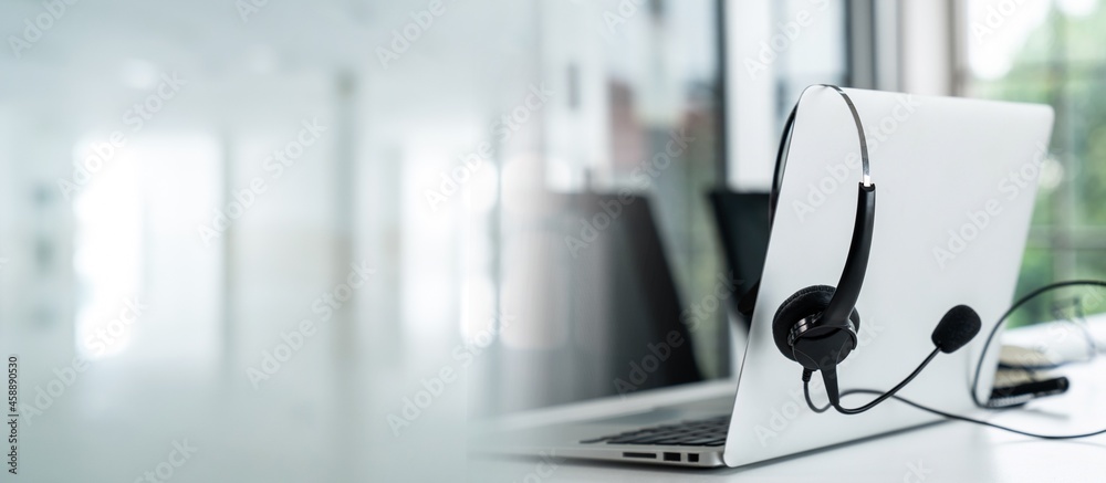 Headset and customer support equipment at call center ready for ...