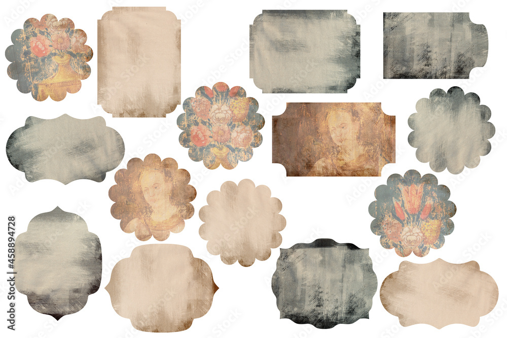 Vintage scrapbook embellishments. Labels, gift tags set on white ...
