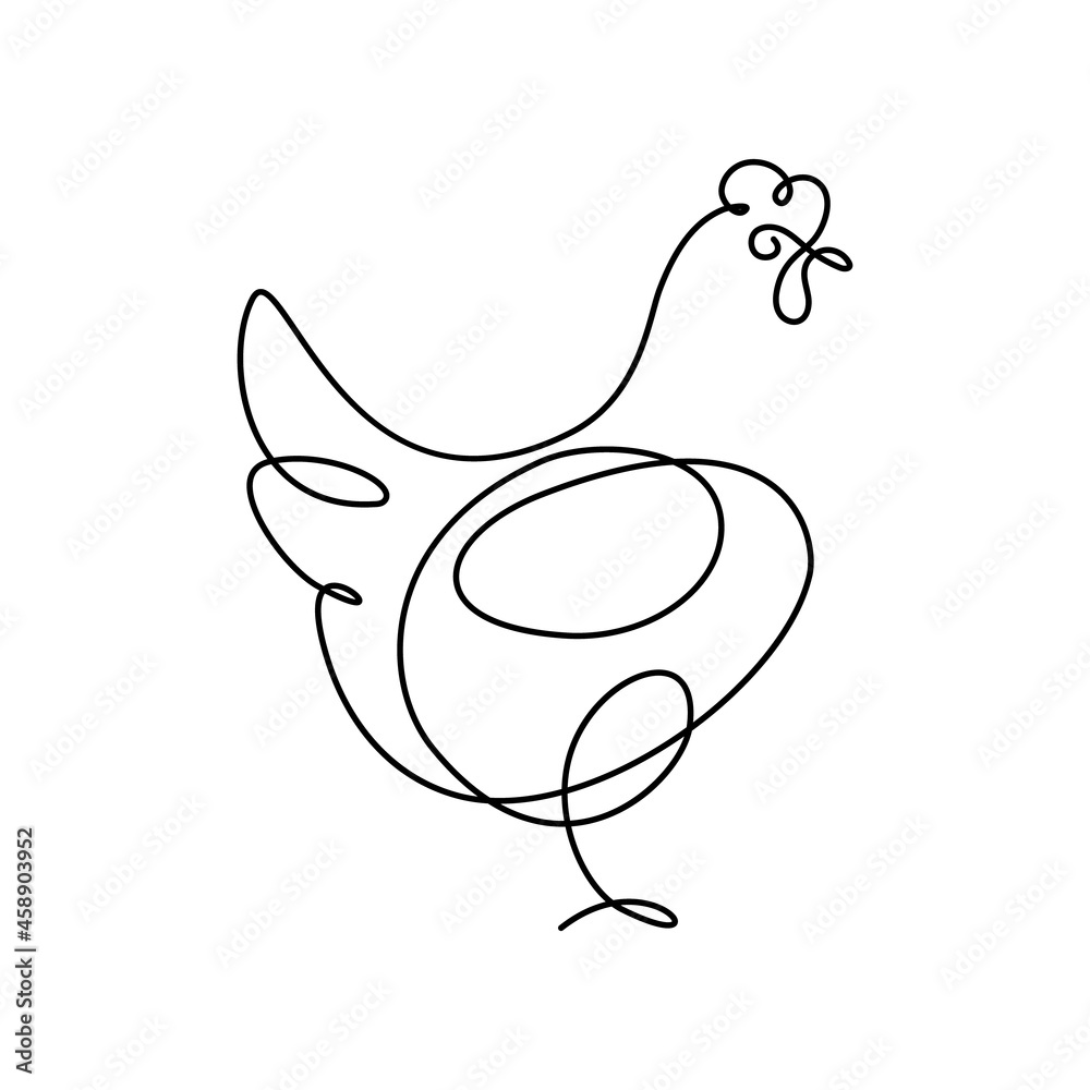 Hen in continuous line art drawing style. Chicken minimalist black ...