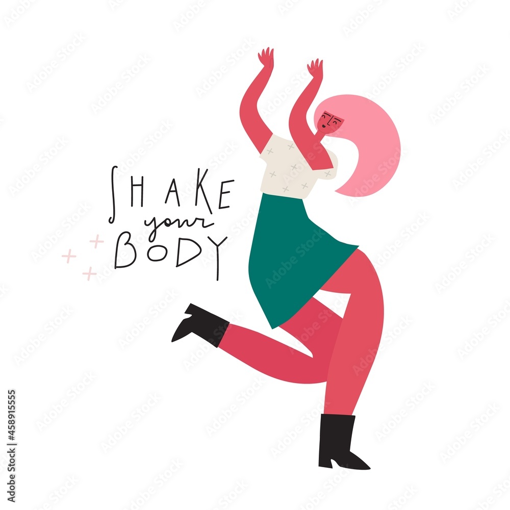 Dancing girl, dynamic movements, funny cartoon character woman, hand ...