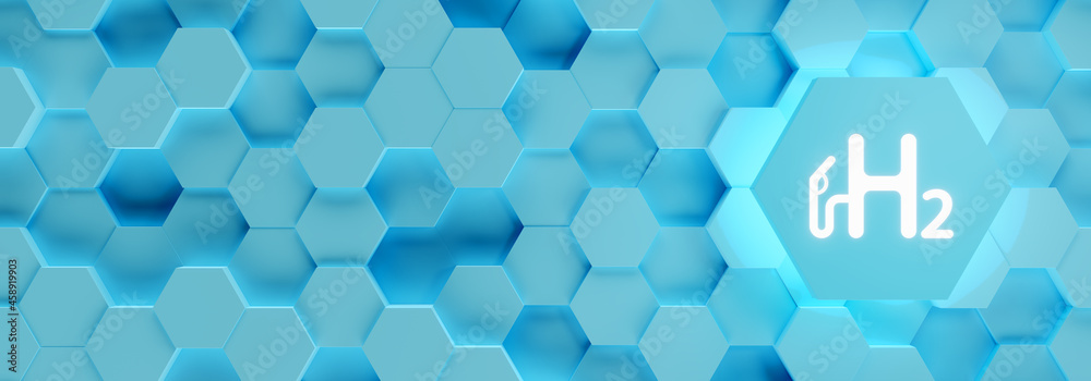 Obraz w ramie Green hydrogen energy. Hexagon structure with H2 hydrogen ...