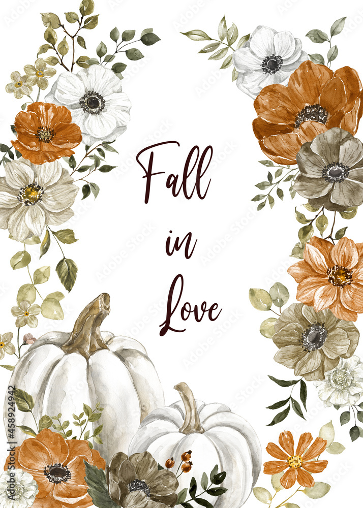 Fall invitation template with watercolor pastel pumpkins, burnt orange ...