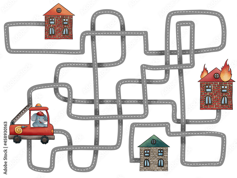 Funny hand drawn crayon maze with fire engine , houses, burning ...
