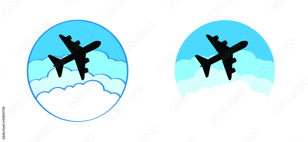 Travel on blue sky or clouds logo. Airplane flying route with cloud ...