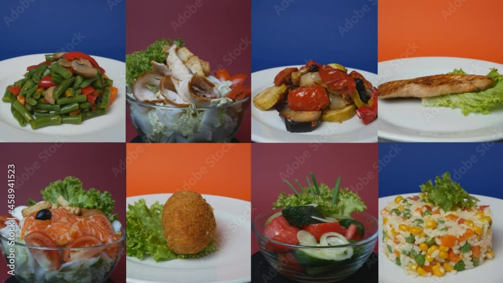 ready-made food in rotating plates on colored backgrounds. Ready meals ...