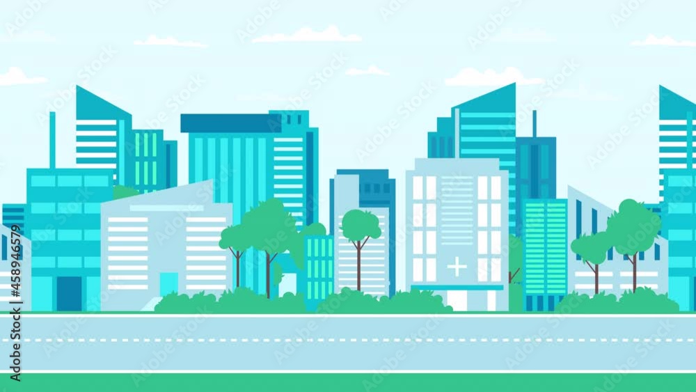 city skyline landscape view and road, town buildings and skyscrapers ...