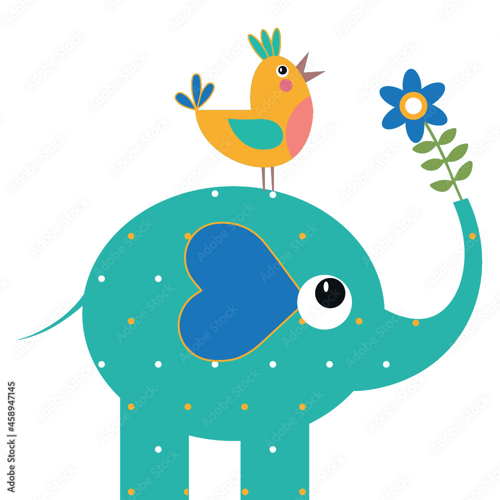 Elephant with bird nursery graphics clipart. Funny cartoon illustration ...