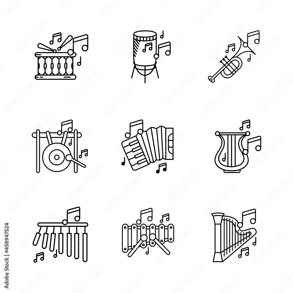 Bar chimes, big gong, percussion, accordion, harp instrument, xylophone ...