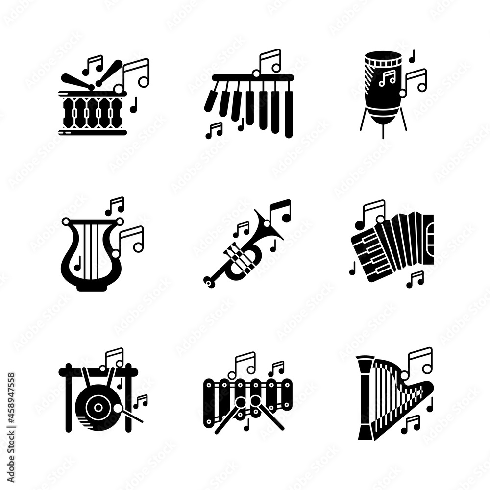 Harp instrument, xylophone, bar chimes, big gong, percussion, accordion ...