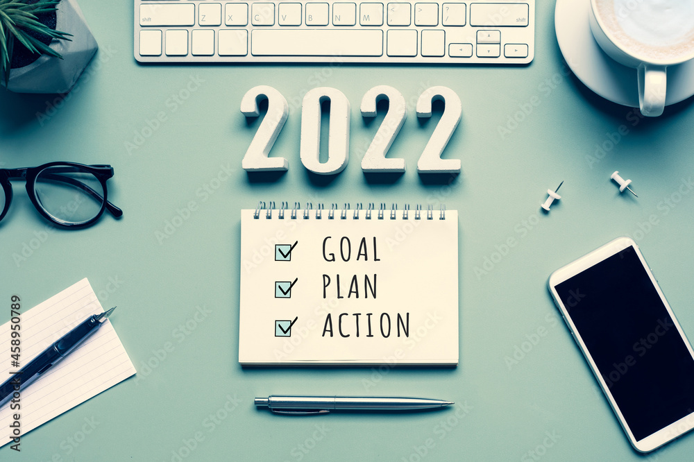 2022 new year goal,plan,action concepts with text on notepad and office ...