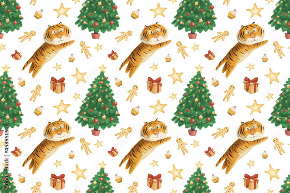 Christmas collection with tiger decorations, fir tree. The symbol of ...