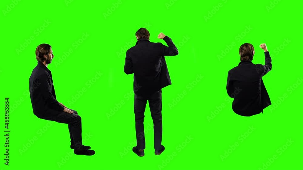 Man Celebrating Standing And Sitting On Green Screen Background. Man ...