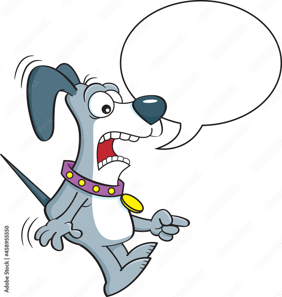 Cartoon illustration of a scared dog pointing with a caption balloon ...