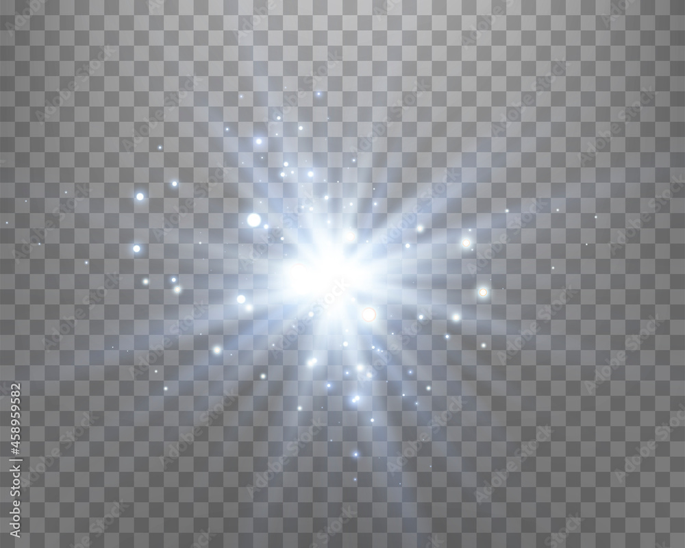Blue sunlight lens flare, sun flash with rays and spotlight. Glowing ...