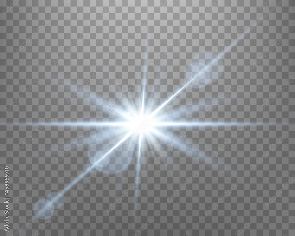 Blue sunlight lens flare, sun flash with rays and spotlight. Glowing ...