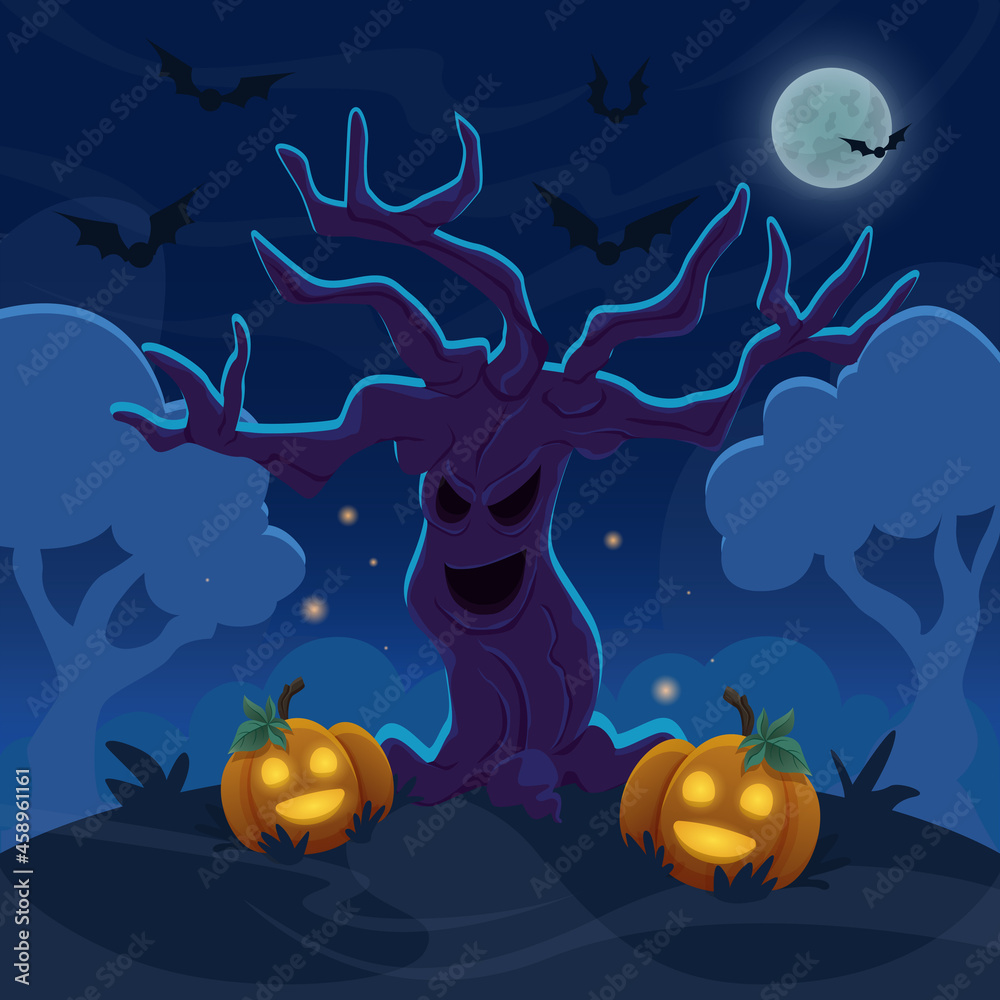 Spooky evil old tree on the hill at nigt forest. Halloween cartoon ...